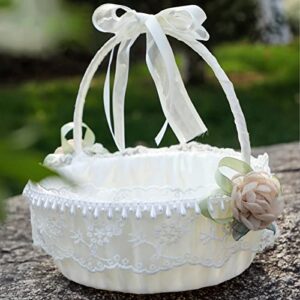 NEOITY Wedding Flower Girl Basket, White Flower Basket with Handle, Elegant Satin Flower Basket Decorated with Lace, Peals and Bows for Wedding Ceremony Party Decoration(#1)