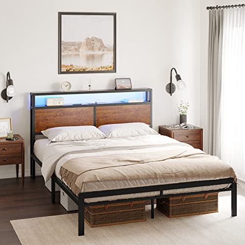 HAUSOURCE Full Bed Frame with Storage Headboard Metal Platform Bed with LED Lights USB Ports & Outlets Non-Slip Without Noise Strong Metal Slats Support No Box Spring Needed