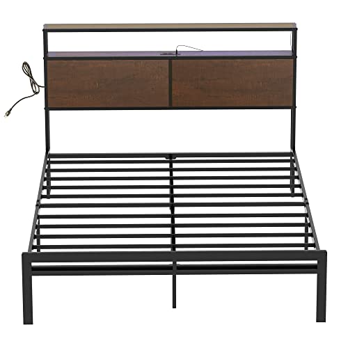 HAUSOURCE Full Bed Frame with Storage Headboard Metal Platform Bed with LED Lights USB Ports & Outlets Non-Slip Without Noise Strong Metal Slats Support No Box Spring Needed