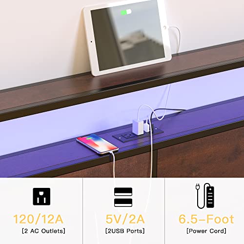 HAUSOURCE Full Bed Frame with Storage Headboard Metal Platform Bed with LED Lights USB Ports & Outlets Non-Slip Without Noise Strong Metal Slats Support No Box Spring Needed