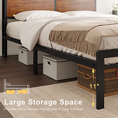 HAUSOURCE Full Bed Frame with Storage Headboard Metal Platform Bed with LED Lights USB Ports & Outlets Non-Slip Without Noise Strong Metal Slats Support No Box Spring Needed