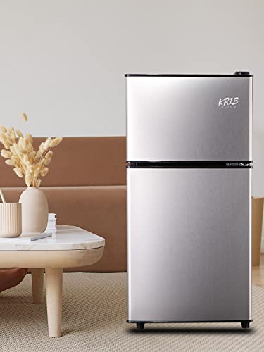 KRIB BLING Refrigerator with Freezer 3.5 Cu.Ft with 7 Level Adjustable Thermostat Control 2 Door Energy Saving Top-Freezer Compact Refrigerator Silver