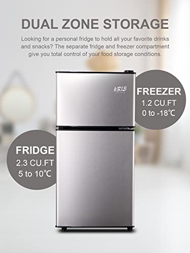 KRIB BLING Refrigerator with Freezer 3.5 Cu.Ft with 7 Level Adjustable Thermostat Control 2 Door Energy Saving Top-Freezer Compact Refrigerator Silver