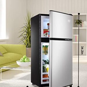 KRIB BLING Refrigerator with Freezer 3.5 Cu.Ft with 7 Level Adjustable Thermostat Control 2 Door Energy Saving Top-Freezer Compact Refrigerator Silver