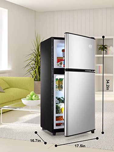 KRIB BLING Refrigerator with Freezer 3.5 Cu.Ft with 7 Level Adjustable Thermostat Control 2 Door Energy Saving Top-Freezer Compact Refrigerator Silver