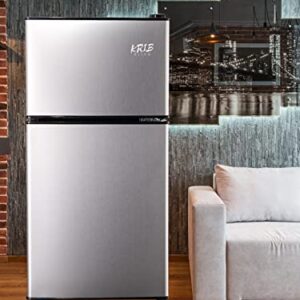 KRIB BLING Refrigerator with Freezer 3.5 Cu.Ft with 7 Level Adjustable Thermostat Control 2 Door Energy Saving Top-Freezer Compact Refrigerator Silver