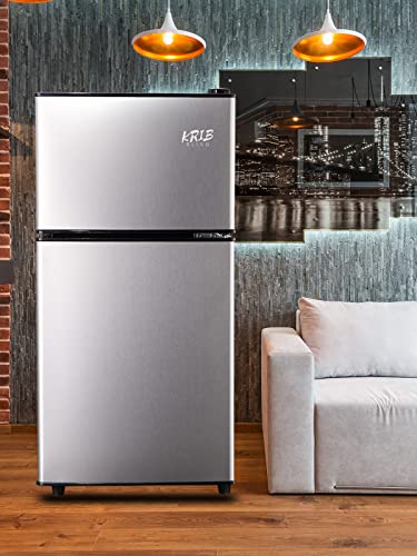 KRIB BLING Refrigerator with Freezer 3.5 Cu.Ft with 7 Level Adjustable Thermostat Control 2 Door Energy Saving Top-Freezer Compact Refrigerator Silver