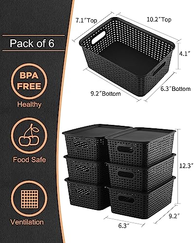 RAXMETRY Plastic Storage Baskets with Lids Pantry Organization and Storage Bins Lidded Container Organizers for Shelves Desktop Drawer Closet Bedroom, Black