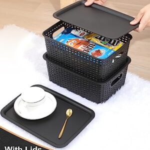 RAXMETRY Plastic Storage Baskets with Lids Pantry Organization and Storage Bins Lidded Container Organizers for Shelves Desktop Drawer Closet Bedroom, Black