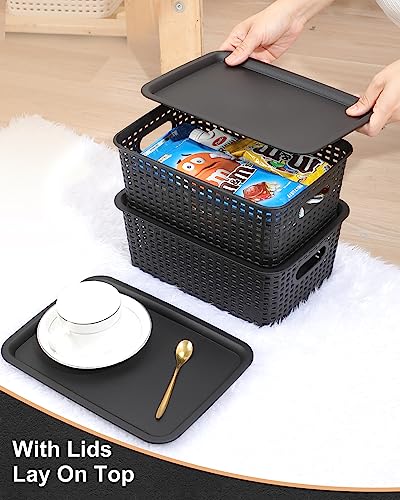 RAXMETRY Plastic Storage Baskets with Lids Pantry Organization and Storage Bins Lidded Container Organizers for Shelves Desktop Drawer Closet Bedroom, Black