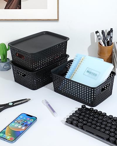 RAXMETRY Plastic Storage Baskets with Lids Pantry Organization and Storage Bins Lidded Container Organizers for Shelves Desktop Drawer Closet Bedroom, Black