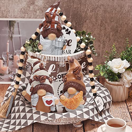 Hodao Set of 3 Coffee Gnomes Decorations Coffee Bar Decor Accessories Swedish Tomte Gnomes Figurines Tiered Tray Collectible Coffee Gnomes Decor Tabletop Kitchen Decorations for Home