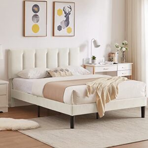 vecelo full bed frames, upholstered platform bedframe, adjustable headboard, wood slat support, no box spring needed, easy assembly, beige