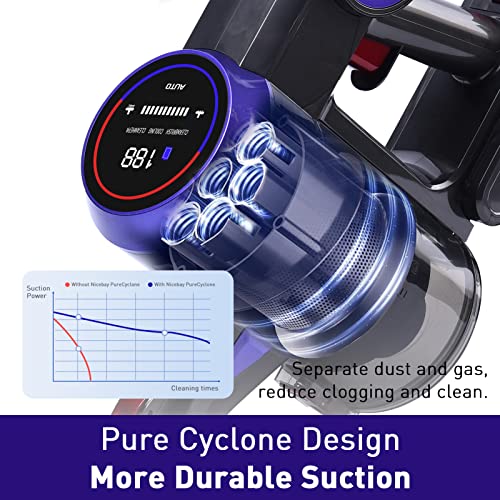 Nicebay Cordless Vacuum Cleaner, 25kPa Suction 280W Brushless Motor Cordless Stick Vacuum, Digital Touchscreen Up to 50min Runtime, 4 in 1 Lightweight Vacuum for Home Pet Hair Carpet Hard Floor