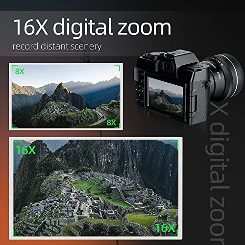 Monitech 4K Digital Camera for Photography, 48MP Vlogging Camera for YouTube and Video,with 180° Flip Screen,16X Digital Zoom,52mm Wide Angle & Macro Lens, 2 Batteries, 32GB TF Card