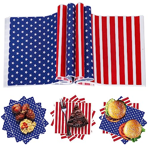 Whaline 200Pcs Patriotic Wax Paper Sheets Stars and Stripes Food Wrapping Tissue Red Blue Wrapping Paper 4th of July Paper Basket Liners for Independence Day Home Baking Party Supplies, 8.3 x 9.8 In