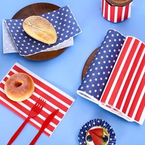 Whaline 200Pcs Patriotic Wax Paper Sheets Stars and Stripes Food Wrapping Tissue Red Blue Wrapping Paper 4th of July Paper Basket Liners for Independence Day Home Baking Party Supplies, 8.3 x 9.8 In