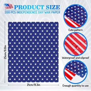 Whaline 200Pcs Patriotic Wax Paper Sheets Stars and Stripes Food Wrapping Tissue Red Blue Wrapping Paper 4th of July Paper Basket Liners for Independence Day Home Baking Party Supplies, 8.3 x 9.8 In