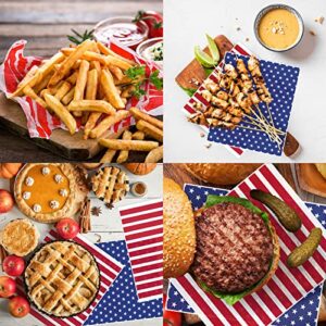 Whaline 200Pcs Patriotic Wax Paper Sheets Stars and Stripes Food Wrapping Tissue Red Blue Wrapping Paper 4th of July Paper Basket Liners for Independence Day Home Baking Party Supplies, 8.3 x 9.8 In