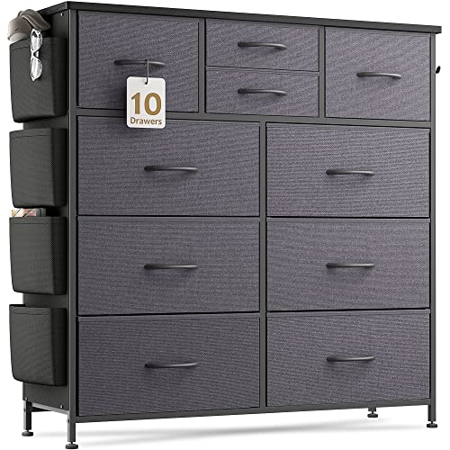 YaFiti 10 Drawer Dresser, Chest of Drawers for Bedroom, Fabric Dresser Drawers with Side Pockets, Hooks, Wooden Top and Sturdy Metal Frame for Living Room, Closet, Hallway, Nursery (Grey)