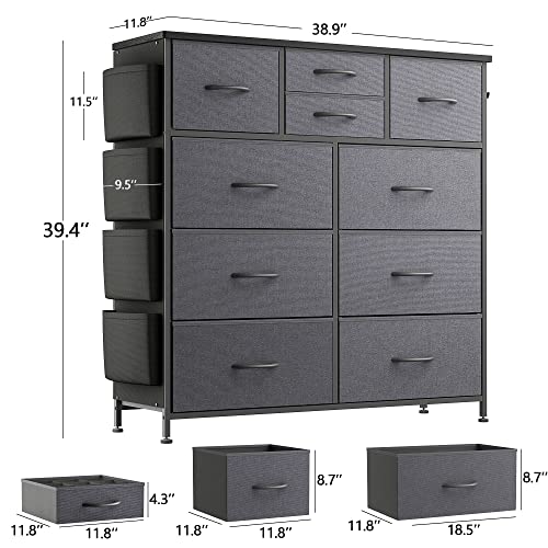 YaFiti 10 Drawer Dresser, Chest of Drawers for Bedroom, Fabric Dresser Drawers with Side Pockets, Hooks, Wooden Top and Sturdy Metal Frame for Living Room, Closet, Hallway, Nursery (Grey)