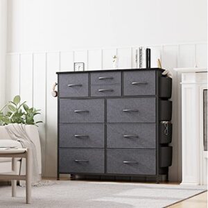 YaFiti 10 Drawer Dresser, Chest of Drawers for Bedroom, Fabric Dresser Drawers with Side Pockets, Hooks, Wooden Top and Sturdy Metal Frame for Living Room, Closet, Hallway, Nursery (Grey)