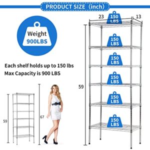 YYkokocat Metal Shelving Unit Detachable Storage Rack with 8 Leveling Feet Adjustable Storage Shelves Wire Shelves for Storage Kitchen Garage, 900LB Capacity, 59" H x 23" L x 14" D, Chrome