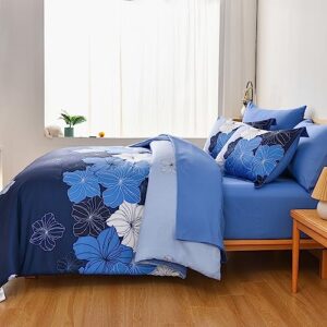 Floral Comforter Set Queen Blue Flower Comforter Set 7 Pieces Bed in a Bag Soft Microfiber Bedding Comforter with Sheets Spring Summer Bed Comforter Set (7pcs,White and Blue Floral Comforter Set)