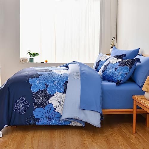 Floral Comforter Set Queen Blue Flower Comforter Set 7 Pieces Bed in a Bag Soft Microfiber Bedding Comforter with Sheets Spring Summer Bed Comforter Set (7pcs,White and Blue Floral Comforter Set)