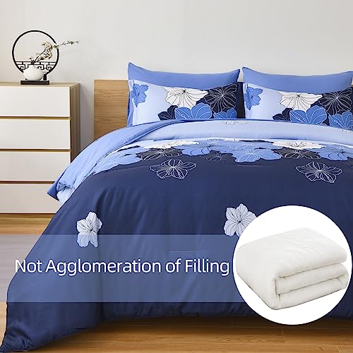 Floral Comforter Set Queen Blue Flower Comforter Set 7 Pieces Bed in a Bag Soft Microfiber Bedding Comforter with Sheets Spring Summer Bed Comforter Set (7pcs,White and Blue Floral Comforter Set)