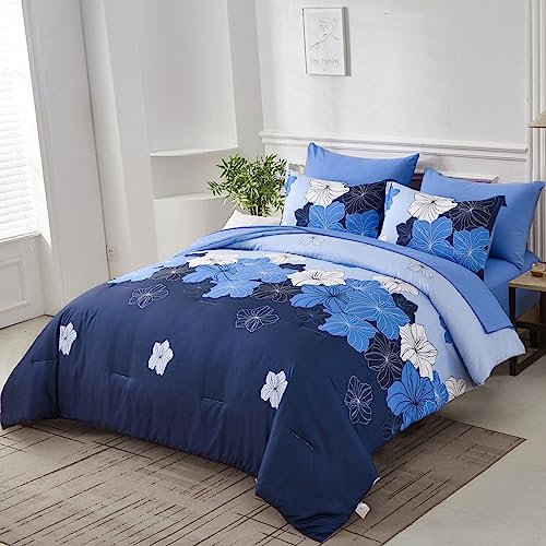 Floral Comforter Set Queen Blue Flower Comforter Set 7 Pieces Bed in a Bag Soft Microfiber Bedding Comforter with Sheets Spring Summer Bed Comforter Set (7pcs,White and Blue Floral Comforter Set)