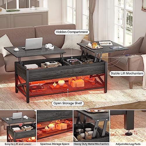 Aheaplus Coffee Table, Lift Top Coffee Table with LED Light and Power Outlet, Modern Lift-Top Table with Storage Shelf, Center Table for Living Room, Lift Tabletop, X Support, Metal Frame, Black Oak