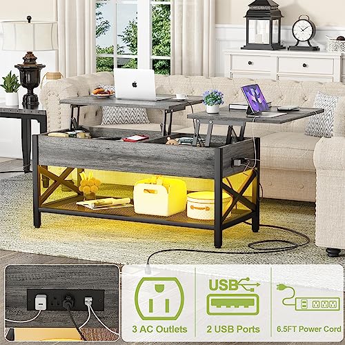 Aheaplus Coffee Table, Lift Top Coffee Table with LED Light and Power Outlet, Modern Lift-Top Table with Storage Shelf, Center Table for Living Room, Lift Tabletop, X Support, Metal Frame, Black Oak