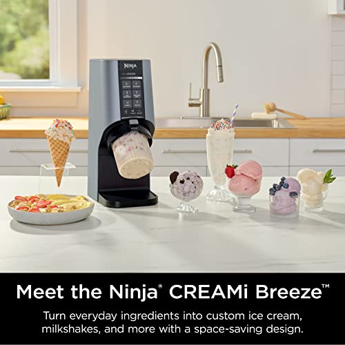 Ninja NC201 CREAMi Breeze 7-in-1 Ice Cream & Frozen Treat Maker for Ice Cream, Milkshakes, Smoothie Bowl, Gelato, Sorbet & More, with (2) Pint Containers & Lids, Perfect for Kids, Silver Mist