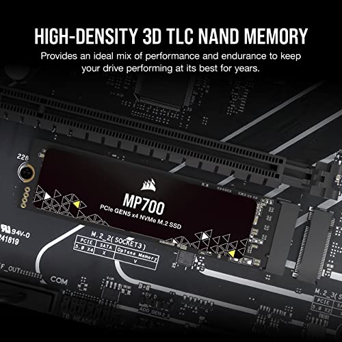 Corsair MP700 1TB PCIe Gen5 x4 NVMe 2.0 M.2 SSD – High-Density TLC NAND – Aluminum Heatsink – M.2 2280 – DirectStorage Compatible – Up to 10,000MB/sec – PCIe Gen4 & Gen3 Backwards Compatible – Black