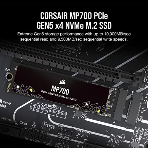 Corsair MP700 1TB PCIe Gen5 x4 NVMe 2.0 M.2 SSD – High-Density TLC NAND – Aluminum Heatsink – M.2 2280 – DirectStorage Compatible – Up to 10,000MB/sec – PCIe Gen4 & Gen3 Backwards Compatible – Black