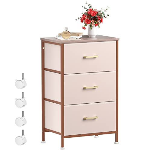 YILQQPER Dresser for Bedroom, Nightstand with 3 Drawers, Fabric Kids Dresser for Closet Organizer, Nursery, Dorm, Cute Night Stand with Sturdy Steel Frame, Leather Finish, Wood Top, Rose Gold