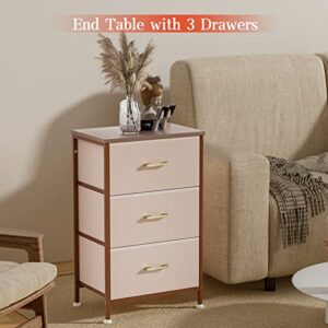 YILQQPER Dresser for Bedroom, Nightstand with 3 Drawers, Fabric Kids Dresser for Closet Organizer, Nursery, Dorm, Cute Night Stand with Sturdy Steel Frame, Leather Finish, Wood Top, Rose Gold