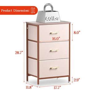 YILQQPER Dresser for Bedroom, Nightstand with 3 Drawers, Fabric Kids Dresser for Closet Organizer, Nursery, Dorm, Cute Night Stand with Sturdy Steel Frame, Leather Finish, Wood Top, Rose Gold