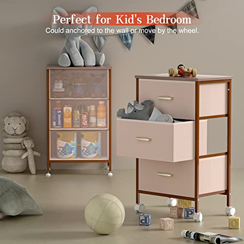 YILQQPER Dresser for Bedroom, Nightstand with 3 Drawers, Fabric Kids Dresser for Closet Organizer, Nursery, Dorm, Cute Night Stand with Sturdy Steel Frame, Leather Finish, Wood Top, Rose Gold