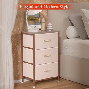 YILQQPER Dresser for Bedroom, Nightstand with 3 Drawers, Fabric Kids Dresser for Closet Organizer, Nursery, Dorm, Cute Night Stand with Sturdy Steel Frame, Leather Finish, Wood Top, Rose Gold