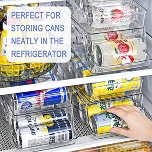 BYFU 2-Tier Foldable Soda Can Storage Organizer Set of 2, Automatic Rolling Plastic Beverage Can Dispenser, Clear Stackable Can Drink Holder Bin for Refrigerator Pantry Kitchen Countertop Cabinet