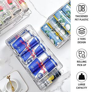 BYFU 2-Tier Foldable Soda Can Storage Organizer Set of 2, Automatic Rolling Plastic Beverage Can Dispenser, Clear Stackable Can Drink Holder Bin for Refrigerator Pantry Kitchen Countertop Cabinet