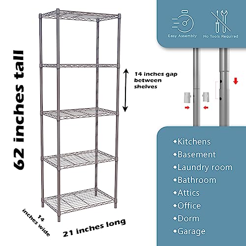 ZHAZHADI 5 Tier Adjustable Storage Shelf Metal Storage Rack Wire Shelving Unit Storage Shelves Metal 665Lbs Capacity 21" L x 14" W x 62" H for Pantry Closet Kitchen Laundry Grey