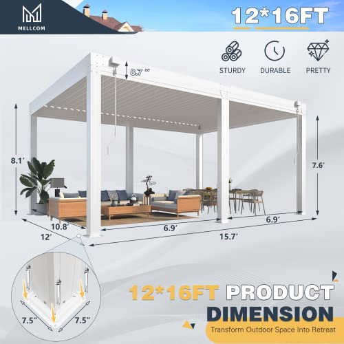 MELLCOM 12×16 FT Aluminum Louvered Pergola with 6-Panel Pull-Down Privacy Screen, Hardtop Rainproof Pergola with Adjustable Roof for Patio, Lawn & Garden, White