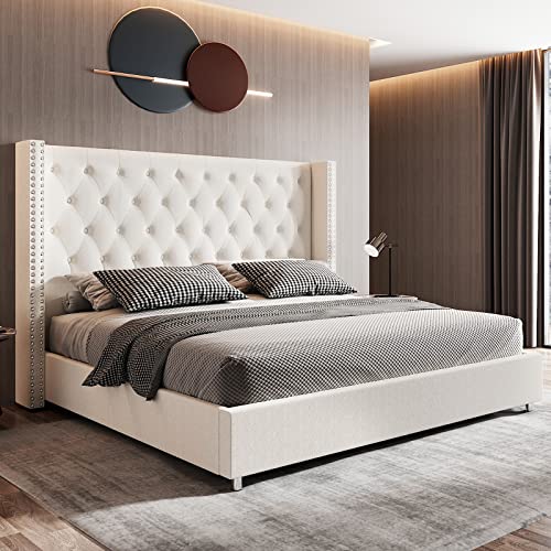 Jocisland King Size Beds Lift Up Storage Upholstered Bed Frame Wingback Headboard Hydraulic Storage/No Box Spring Needed/Cream