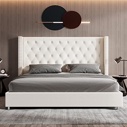 Jocisland King Size Beds Lift Up Storage Upholstered Bed Frame Wingback Headboard Hydraulic Storage/No Box Spring Needed/Cream