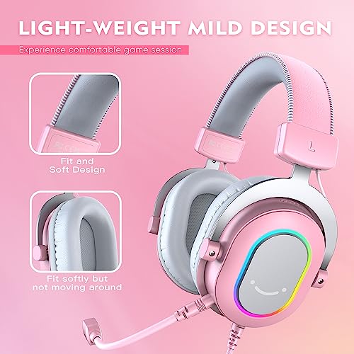 FIFINE PC Gaming Headset, USB Wired Headset with Microphone, 7.1 Surround Sound, in-Line Control, Computer RGB Over-Ear Headphones for PS4/PS5, for Streaming/Game Voice/Video-AmpliGame H6 (Pink)