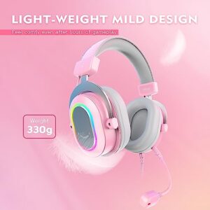 FIFINE PC Gaming Headset, USB Wired Headset with Microphone, 7.1 Surround Sound, in-Line Control, Computer RGB Over-Ear Headphones for PS4/PS5, for Streaming/Game Voice/Video-AmpliGame H6 (Pink)