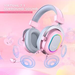 FIFINE PC Gaming Headset, USB Wired Headset with Microphone, 7.1 Surround Sound, in-Line Control, Computer RGB Over-Ear Headphones for PS4/PS5, for Streaming/Game Voice/Video-AmpliGame H6 (Pink)